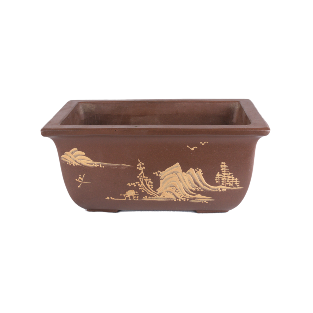 Rectangle Shinto shohin pot painted with white clay - bonsaipots.eu