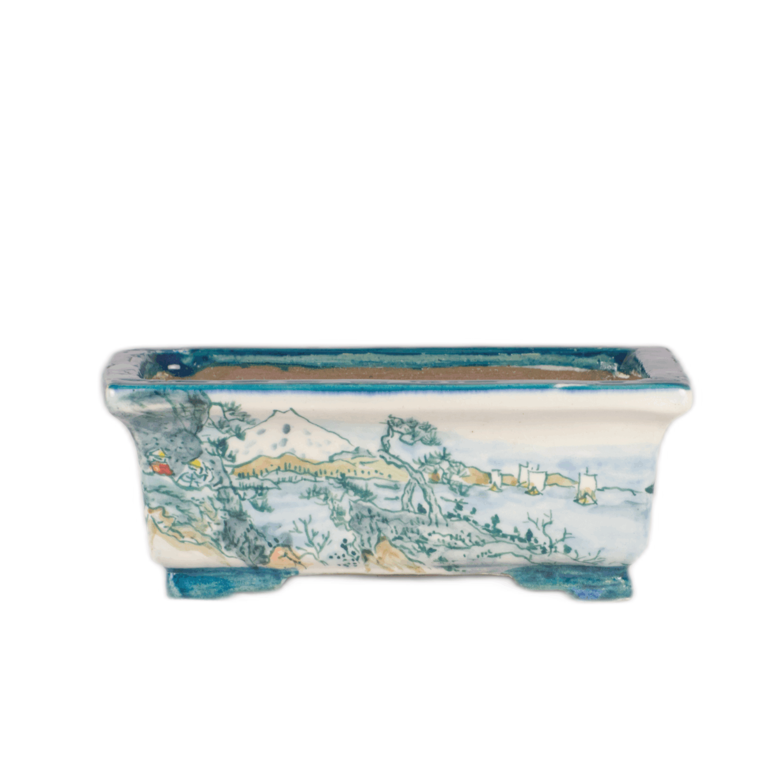Rectangle White Bonsai Pot with Hand Painted Landscape – Tosui